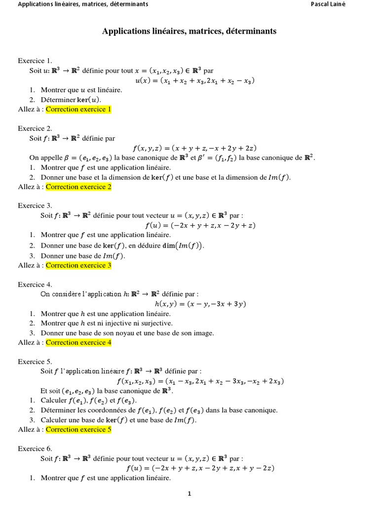 Exercises Applications Linéaires, Matrices, Déterminants | PDF | Base ...