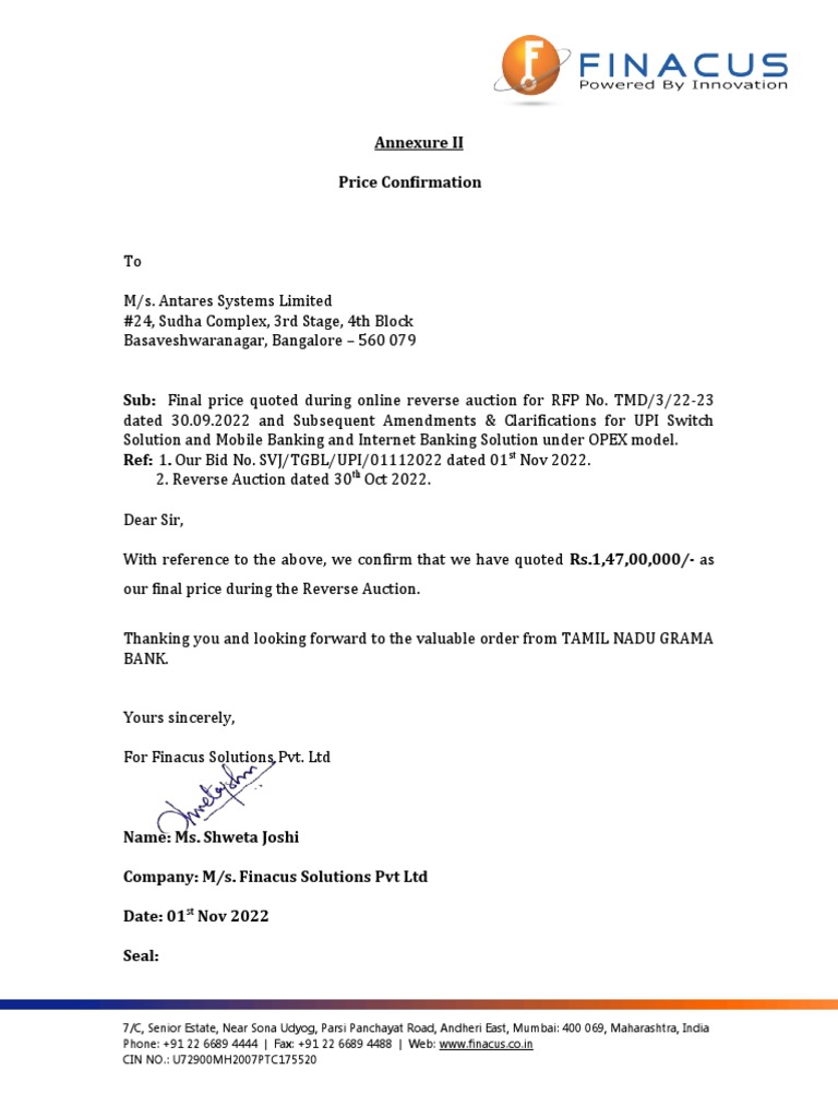 Final Price Confirmation for RFP | PDF | Business