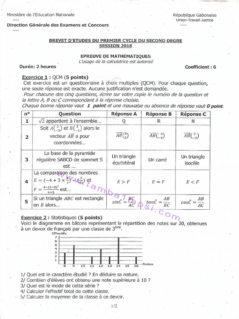 Bepc Gabon Maths 2018 | PDF