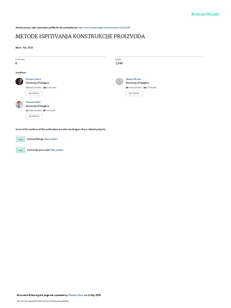 Metode Ispitivanja Konstrukcije Proizvoda: Elmedin Mesic Nedim Pervan | PDF