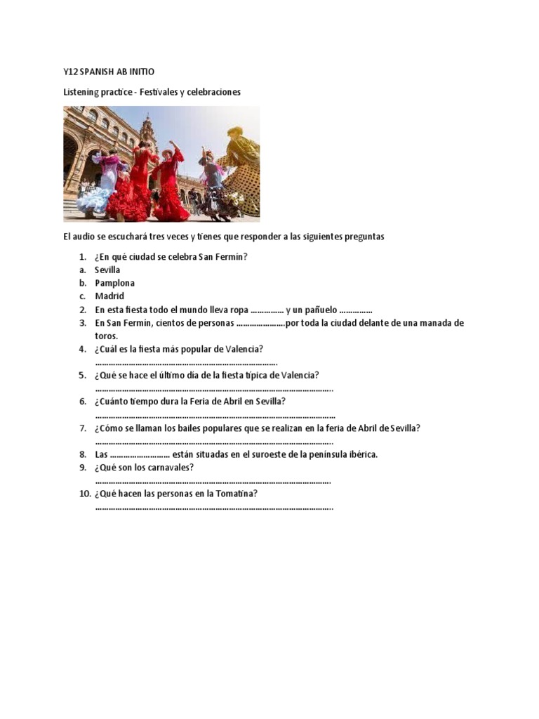 Y12 SPANISH AB INITIO Listening Festivales y Celebraciones | PDF