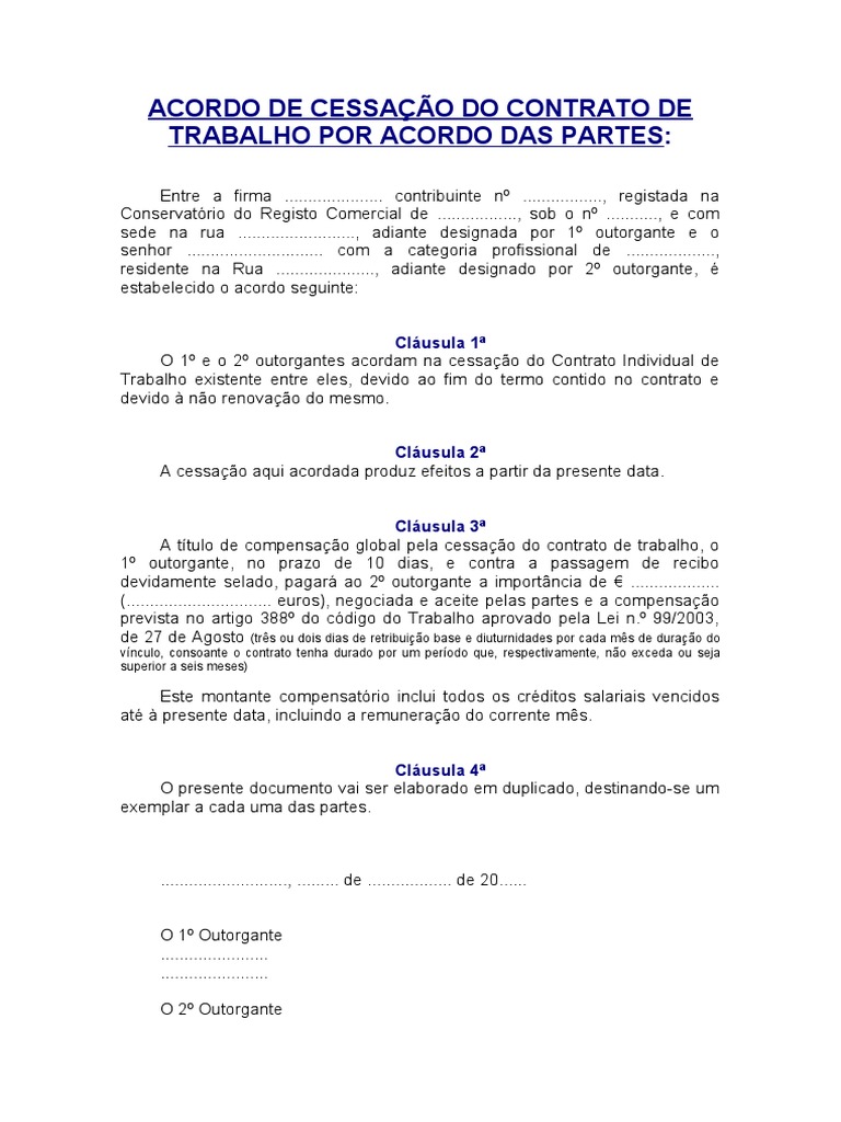 Acordo De Cessação Do Contrato De Trabalho Pdf