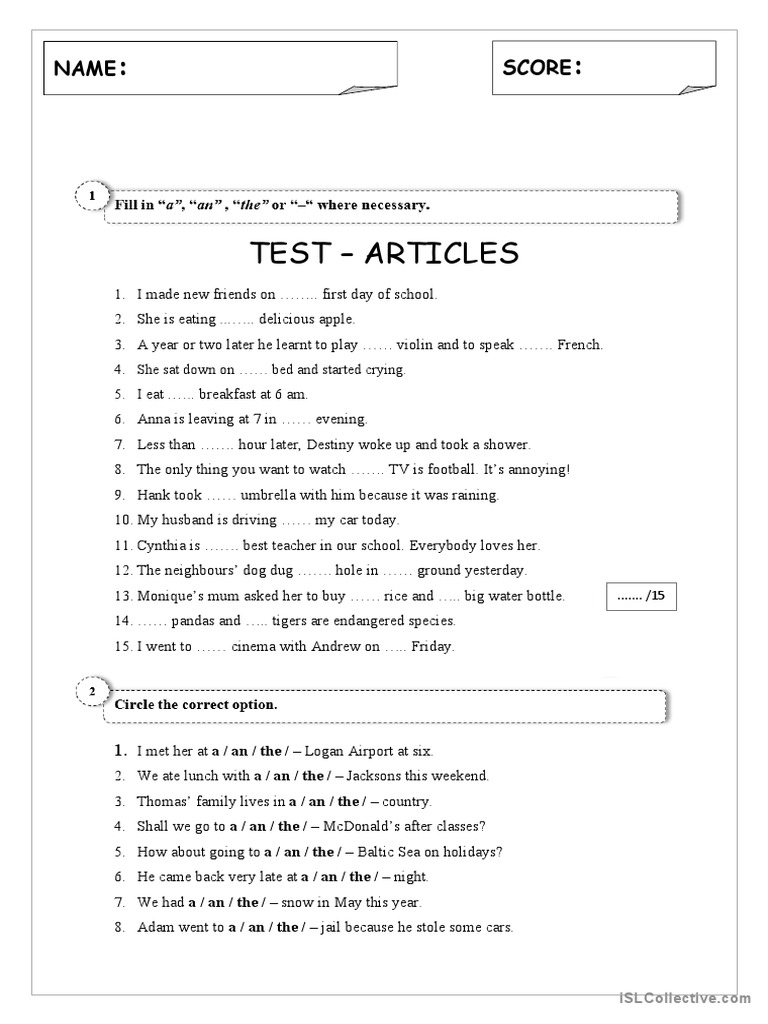 Articles A, An, The, Zero - Test | PDF