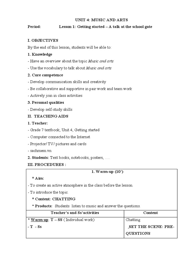 Unit 4: Music and Arts Overview | PDF | Vocabulary | Teachers