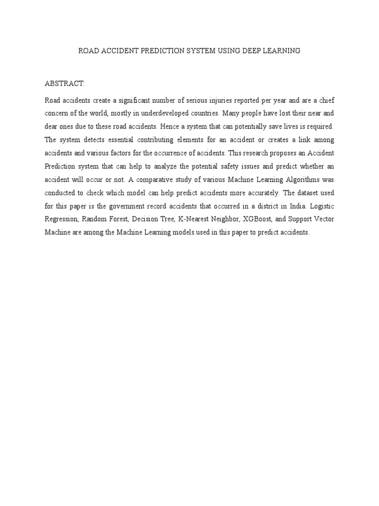 Road Accident Prediction System Using Deep Learning Pdf