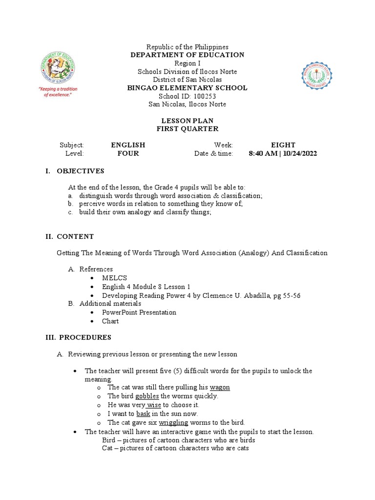 Grade 4 English Lesson Plan: Word Skills | PDF