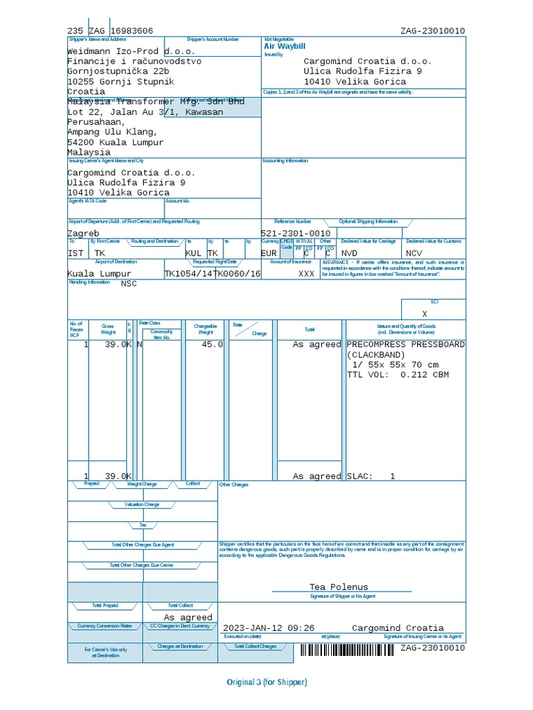 House Awb Shipper ZAG-23010010 | PDF | Common Carrier | Cargo