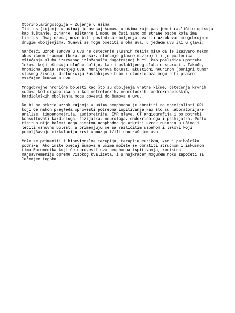 Otorinolaringologija - Zujanje U Ušima | PDF