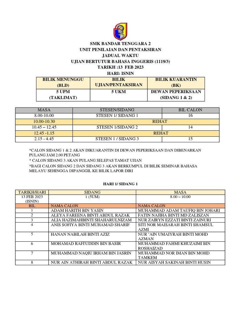 Jadual Ubbi SPM 2022 H1 H2 H3 | PDF