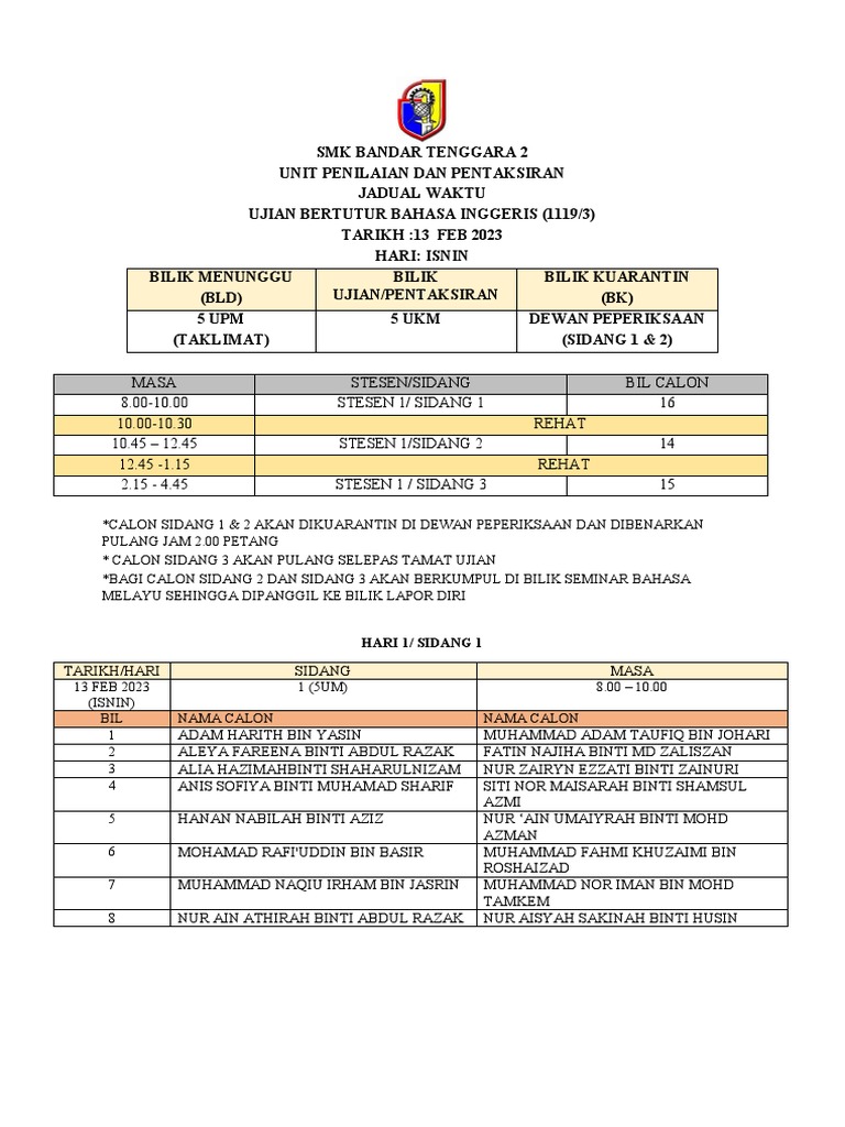 Jadual Ubbi SPM 2022 h1 h2 h3 | PDF