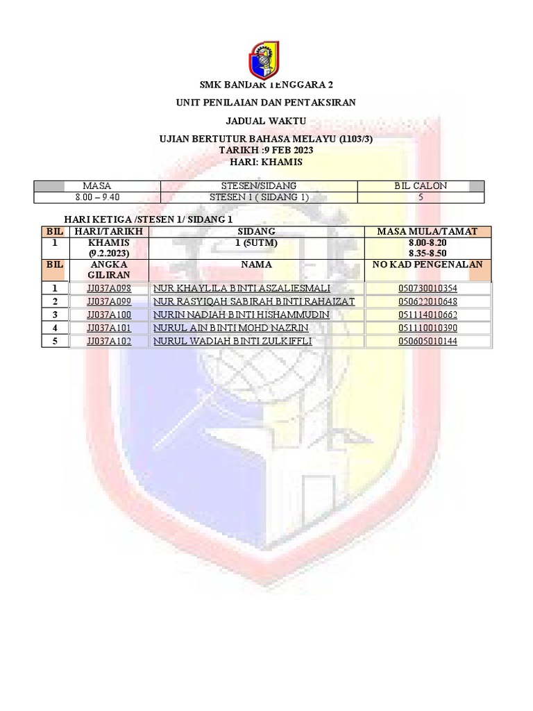 Jadual Ubbm Stesen 1 H3 | PDF