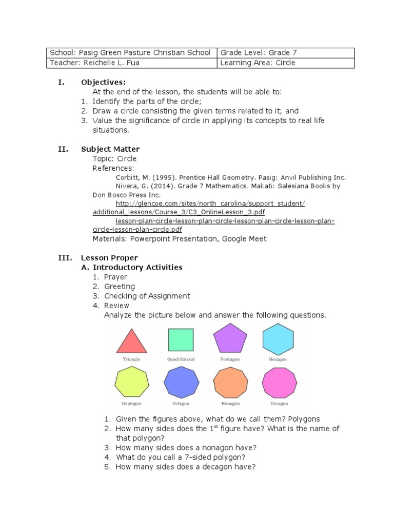 Circles Lesson Plan | PDF | Circle | Diameter