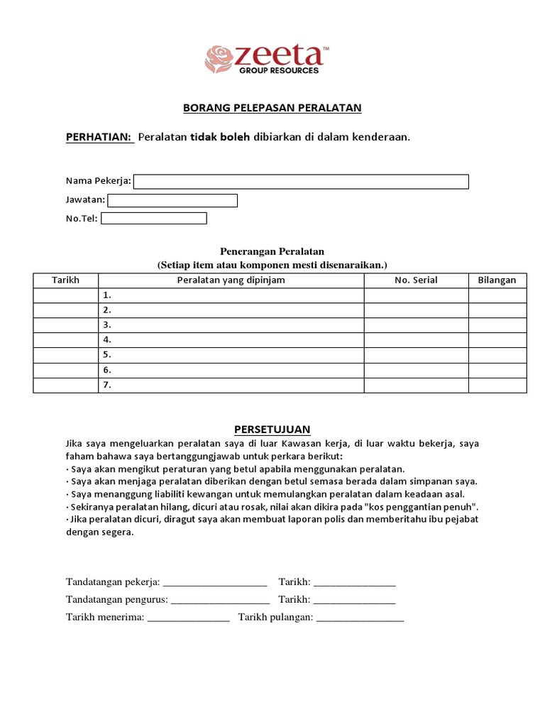 Borang Pelepasan Peralatan | PDF