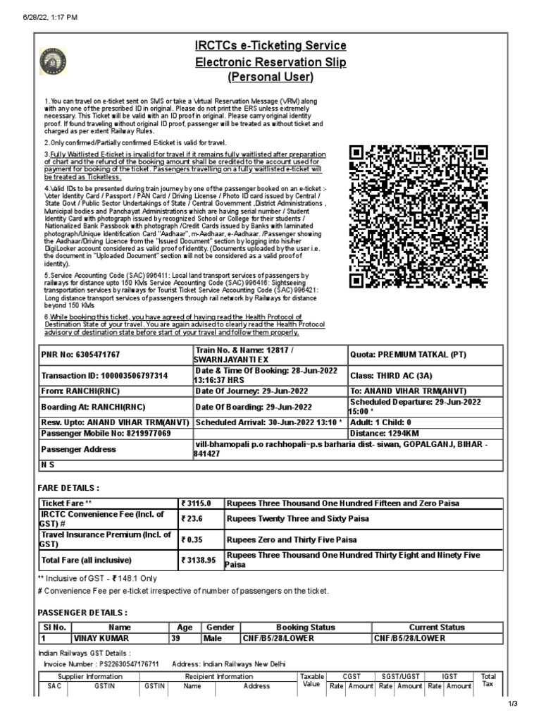 Electronic Reservation Slip for Domestic Travel by Train Within India ...