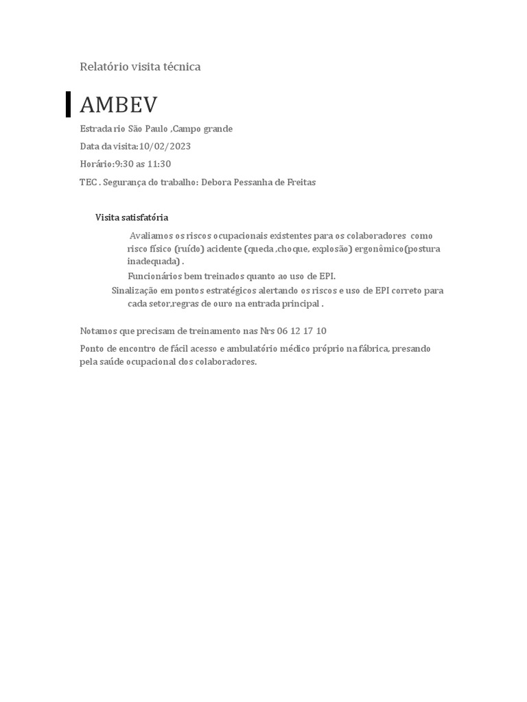 Relatório Visita AmBev-1 | PDF