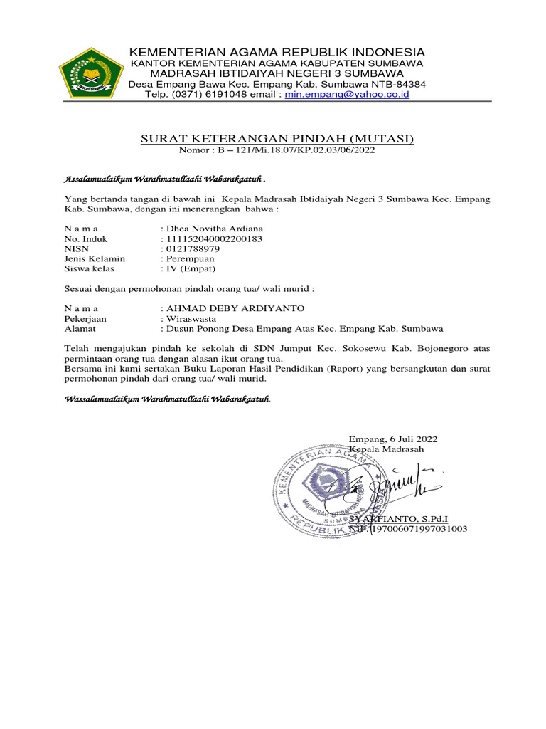 Surat Pindah Siswa Pdf