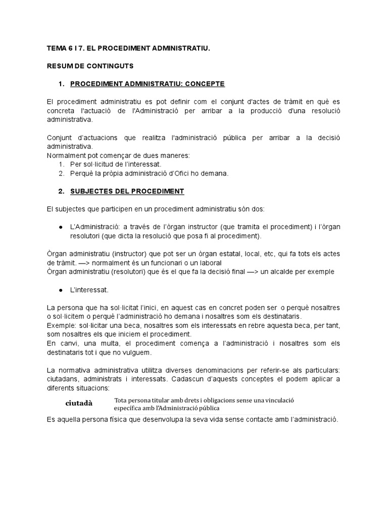Tema 6 I 7. El Procediment Administratiu. Resum de Continguts 1. Procediment Administratiu ...