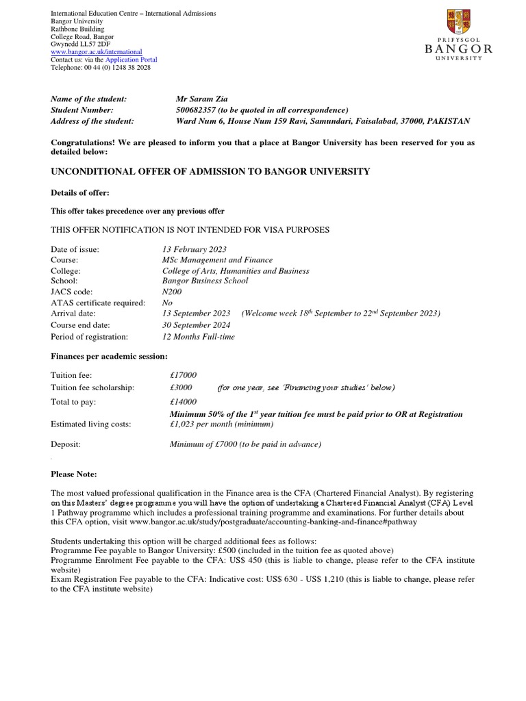 Bangor Unconditional Offer Letter | PDF | Cost Of Living | Travel Visa