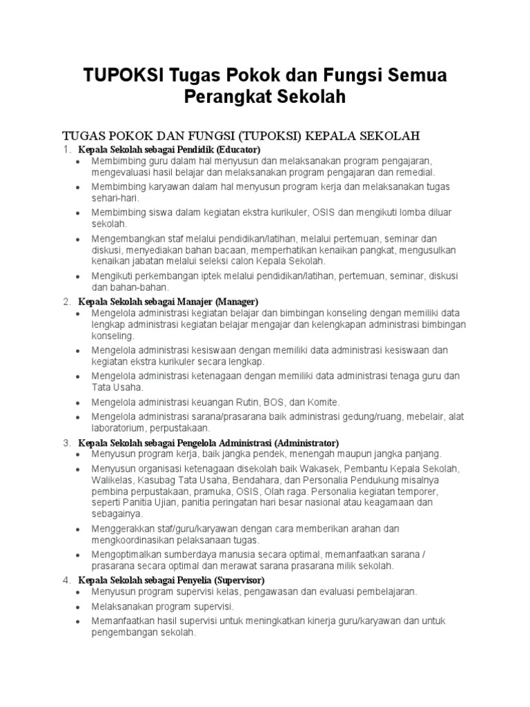 TUPOKSI Tugas Pokok Dan Fungsi Semua Perangkat Sekolah | PDF | Karier ...