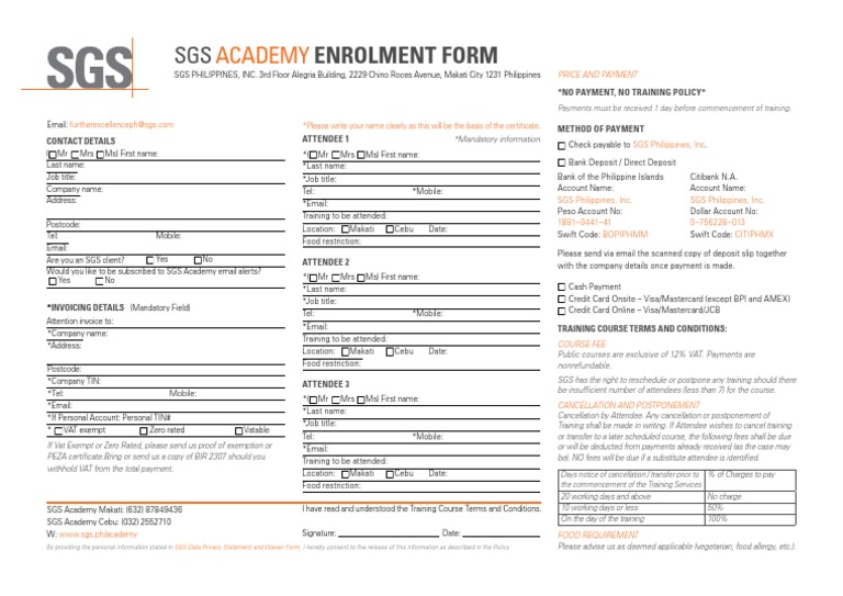SGS Academy Training Enrollment Form | PDF | Payments | Credit Card