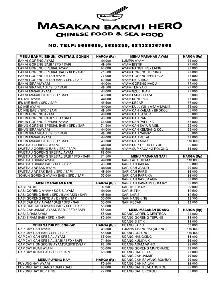 Menu Bakmi Hero | PDF