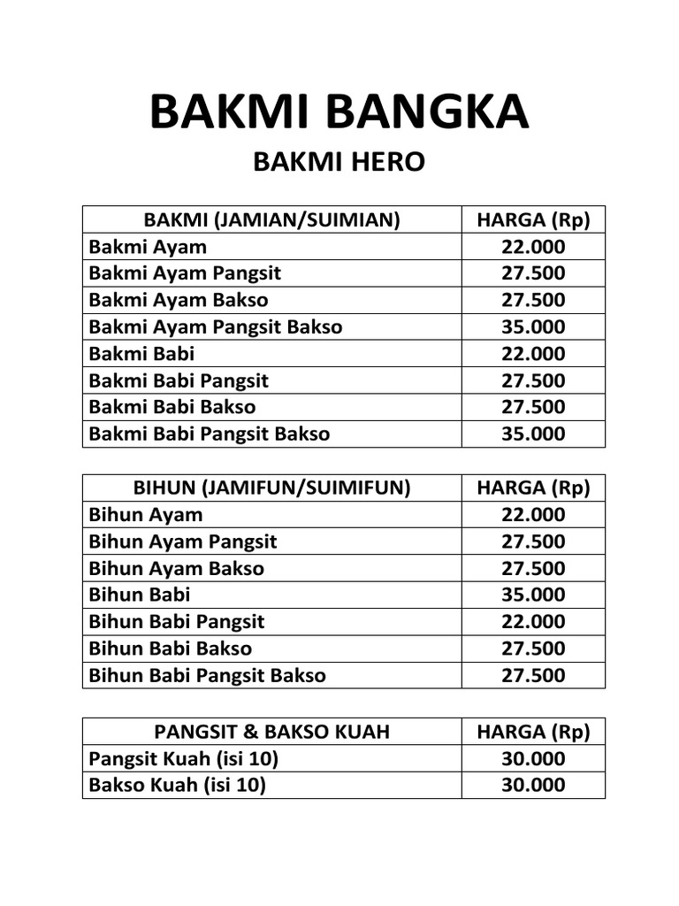 Menu Bakmi Bangka Hero Terbaru | PDF
