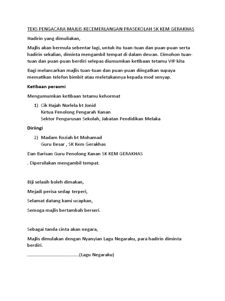 TEKS - PENGACARA - MAJLIS - Kemerlangan Prasekolah SKKGK | PDF TEKS - PENGACARA - MAJLIS - Kemerlangan Prasekolah SKKGK | PDF