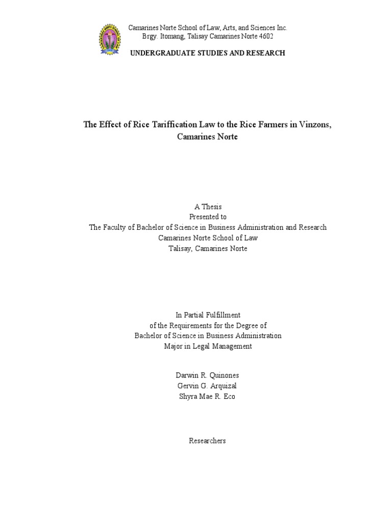 Effect of Rice Tariffication Law To The Lives of Rice Farmers in Vinzons Camarines Norte | PDF ...