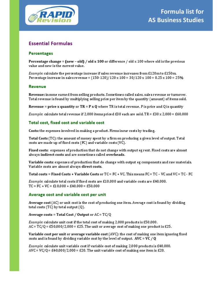 Formula List For AS Business Studies: Essential Formulas | PDF