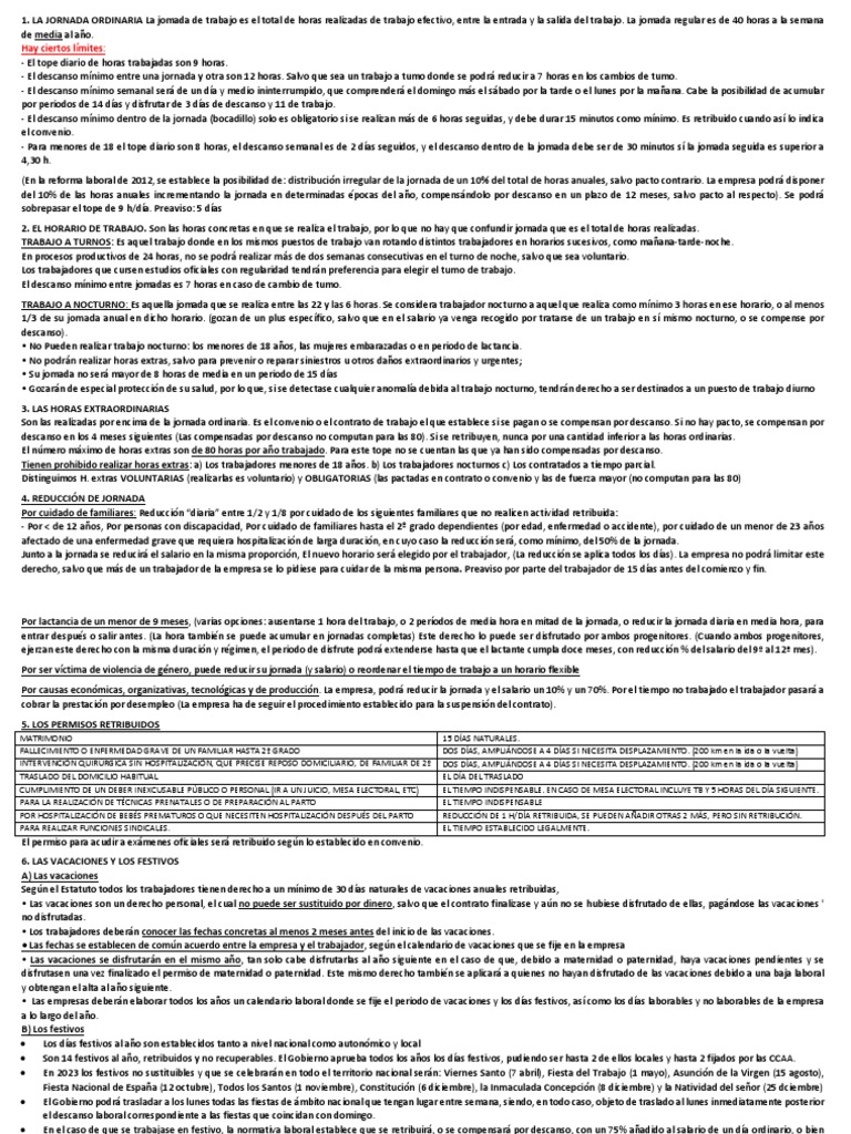 Esquema Tema 7 Fol La Jornada de Trabajo. | PDF | Tiempo de trabajo | Días festivos