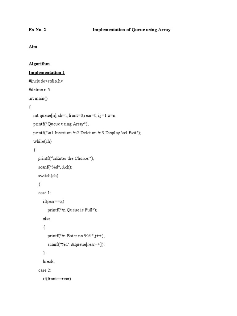 Ex No 2 Implementation Of Queue Using Array Pdf Queue Abstract Data Type Computer Science 2277