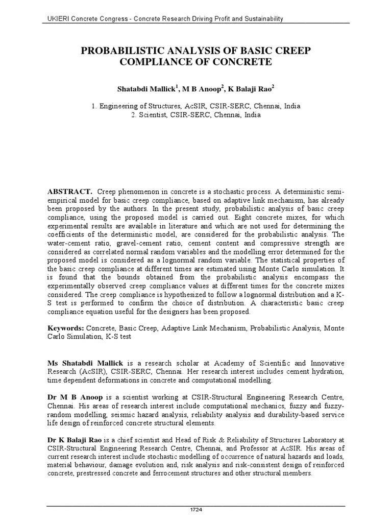 Probabilistic Analysis of Basic Creep Compliance of Concrete | PDF | Creep (Deformation) | Concrete