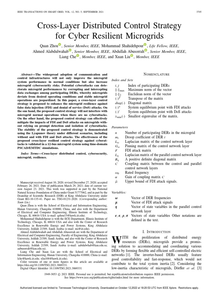 Cross Layer Distributed Control Strategy For Cyber Resilient Microgrids Pdf Computer