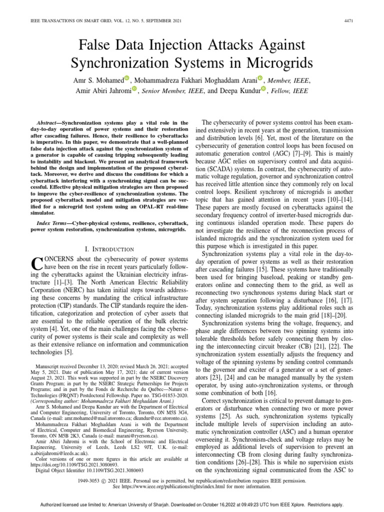 False Data Injection Attacks Against Synchronization Systems In Microgrids Pdf Distributed