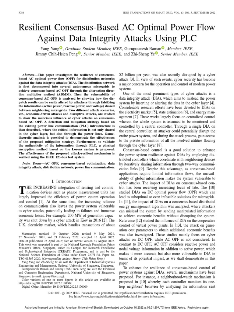 Resilient Consensus-Based AC Optimal Power Flow Against Data Integrity ...
