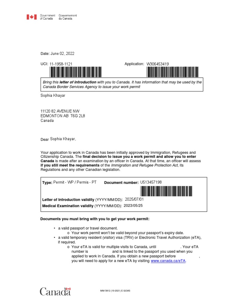 Canada Work Permit Approval Letter | PDF | Passport | Government