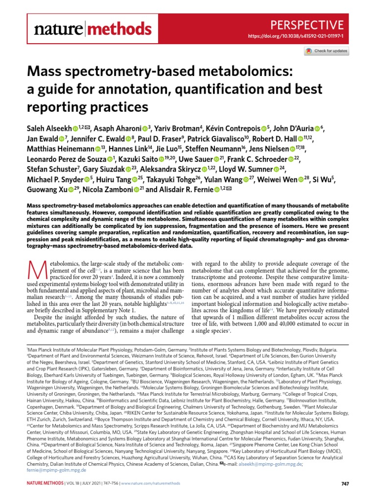 Mass Spectrometry Based Metabolomics A Guide For Annotation, Quantification and Best Reporting ...
