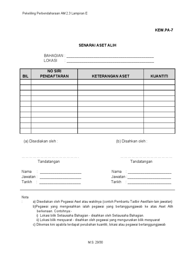 KEW - PA-7 (Senarai Aset Alih) | PDF