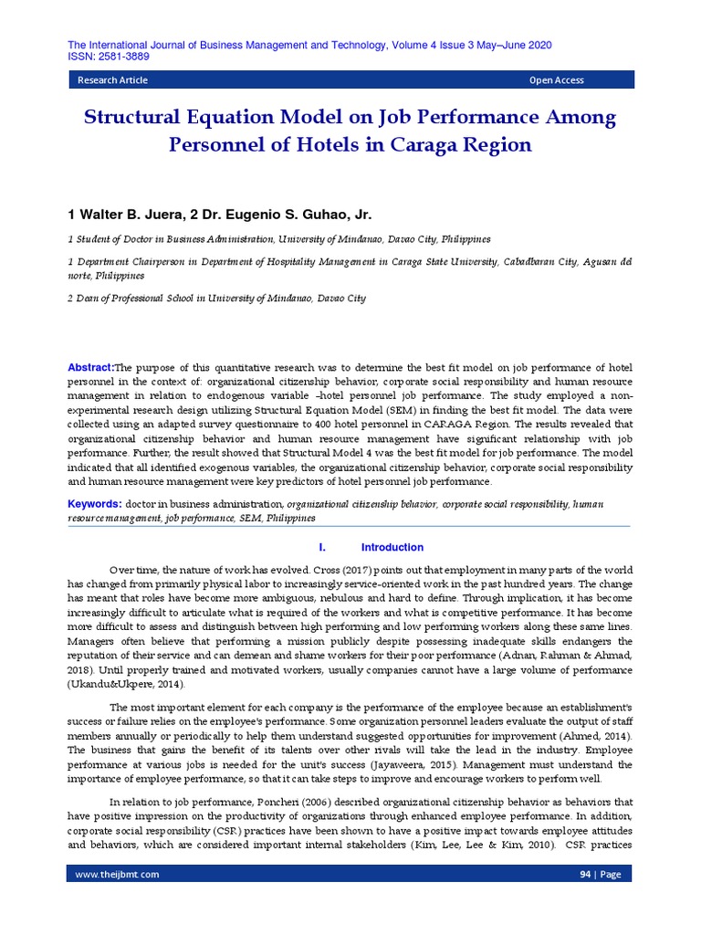 Structural Equation Model On Job Performance Among Personnel of Hotels in Caraga Region | PDF ...