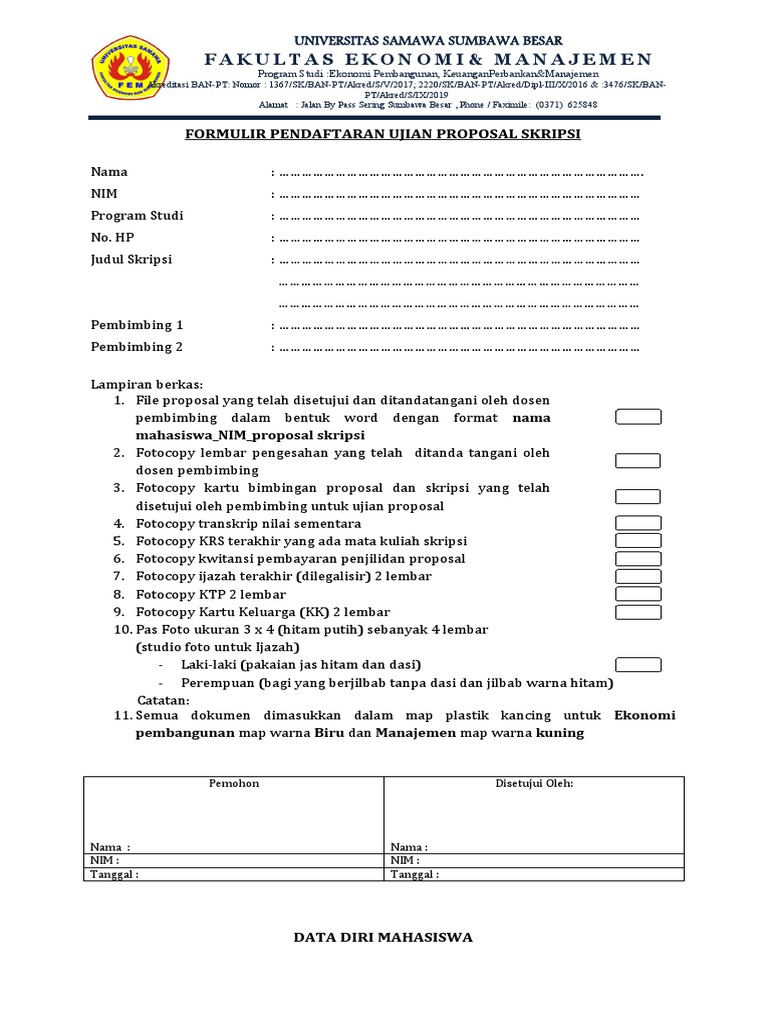 Formulir Pendaftran Ujian Proposal Dan Data Diri Mahasiswa | PDF