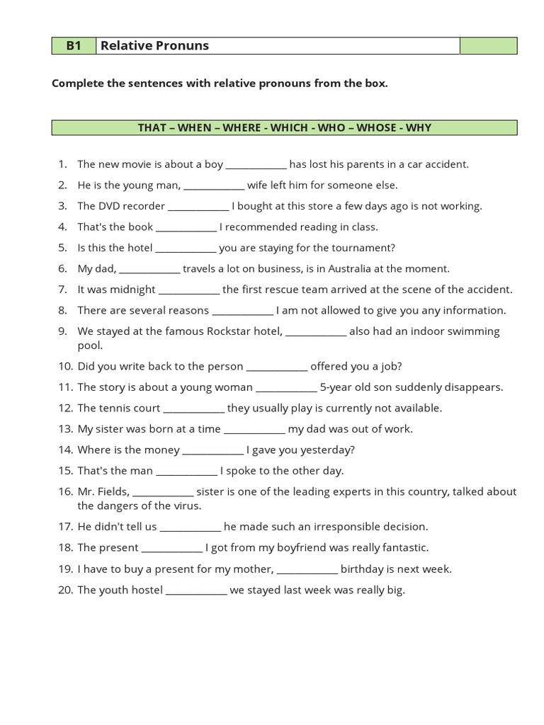 Relative Pronouns Practice Exercises | PDF | Games & Activities