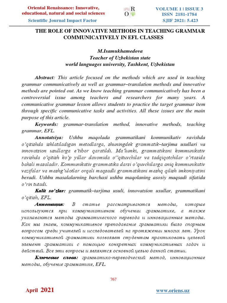 The Role of Innovative Methods in Teaching Grammar Communicatively in ...