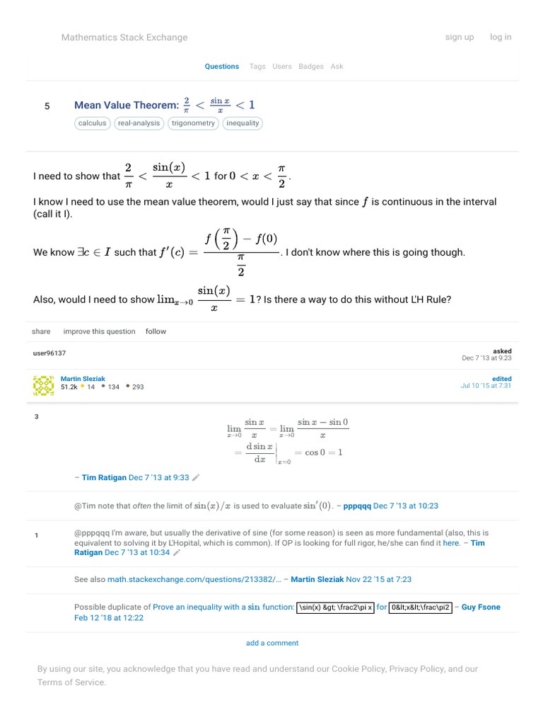 Mean Value Theorem_ $_frac{2}{_pi}__frac{_sin x}{x}_1$ - Mathematics ...