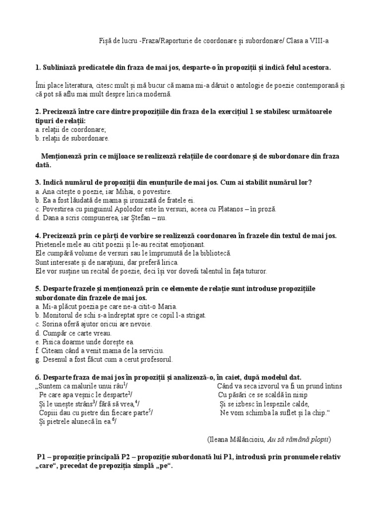 Fraza .Coordonarea Si Subordonarea Fisa de Lucru | PDF