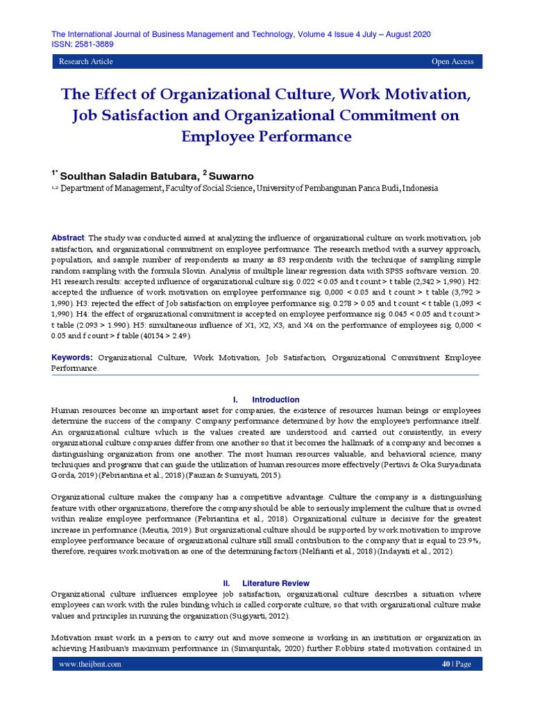 The Effect of Organizational Culture, Work Motivation, Job Satisfaction and Organizational ...