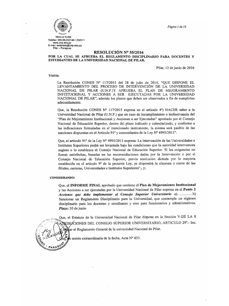 Resol #55 - 2016 Reglamento Disciplinario UNP | PDF