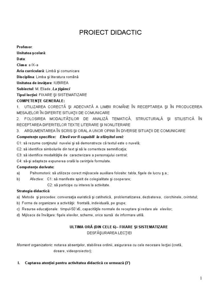 Proiect Didactic La Tiganci | PDF