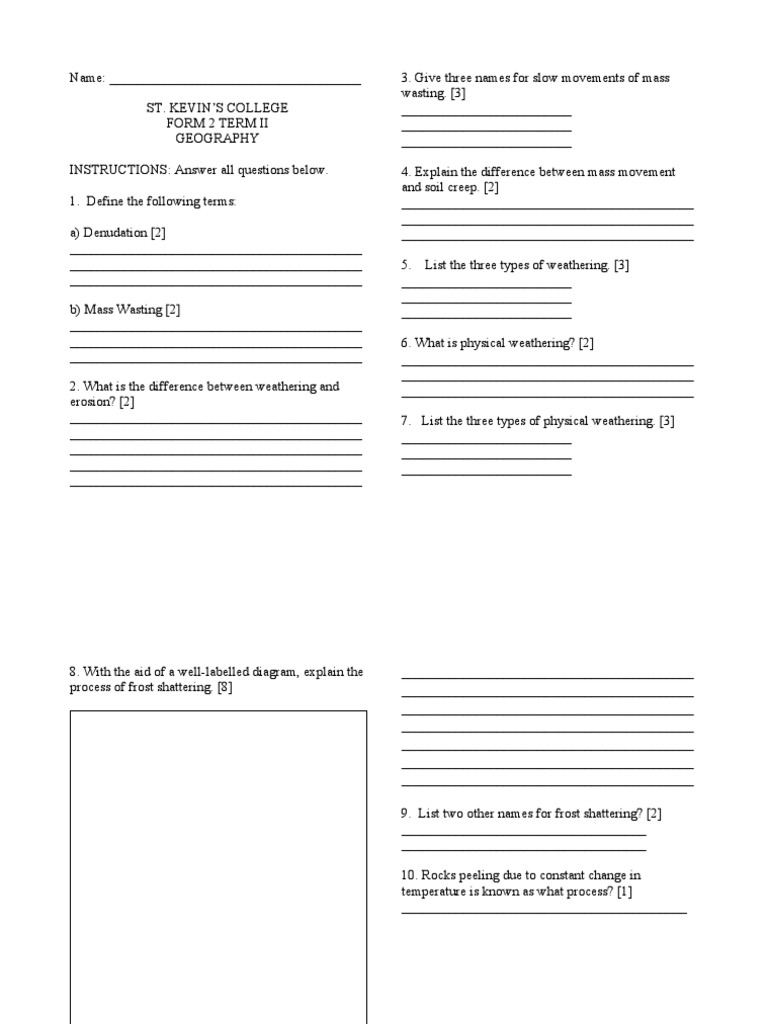 Geography Form 2 Assessment | PDF | Weathering | Earth Sciences