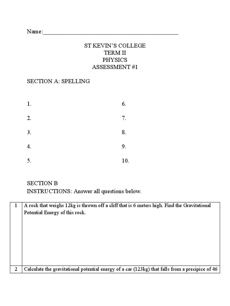 PHYSICS Assessment Gravitational Potential Energy | PDF