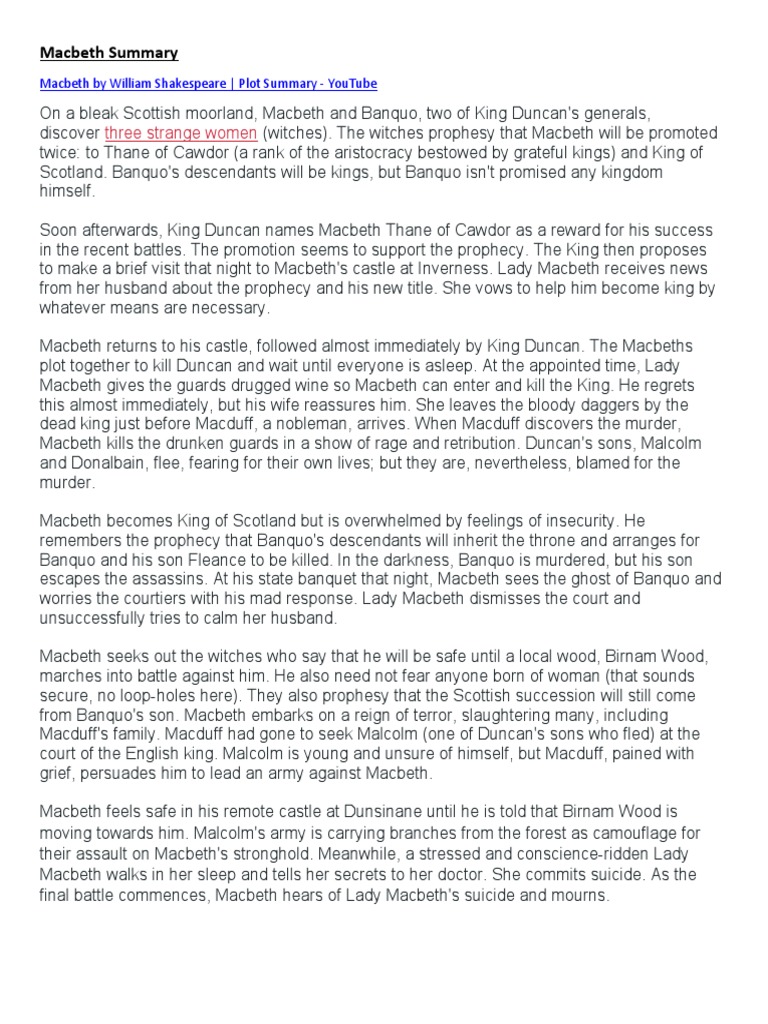 Macbeth Summary | PDF | Macbeth | Shakespearean Tragedies